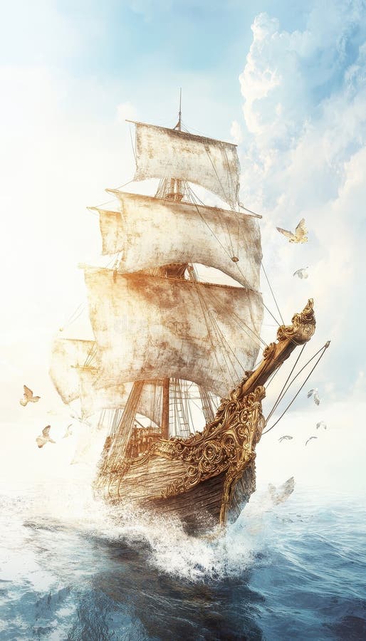 Ship with Cloud Sails Navigating Ocean, Tranquil Voyage Stock Photo ...