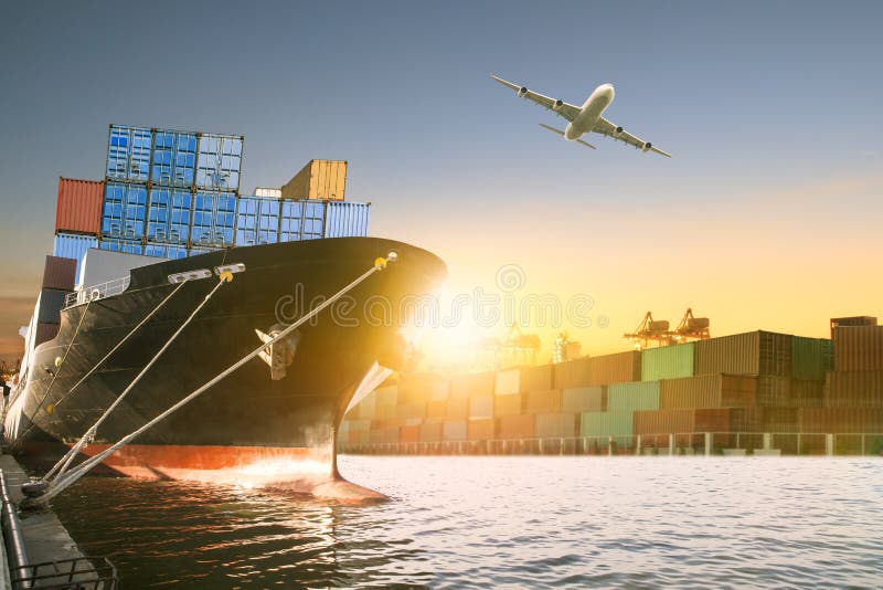 Ship and Container Box and Cargo Plane Flying Over Shipping Dock Stock ...