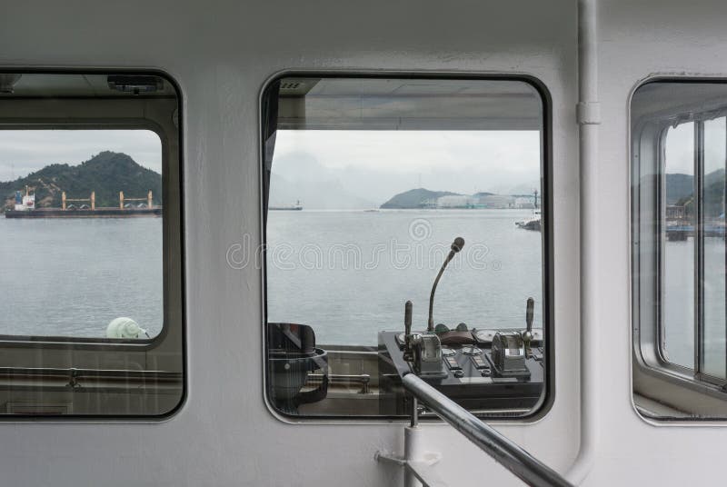 Ship Control Bridge, Harbor View Stock Photo - Image of captain ...