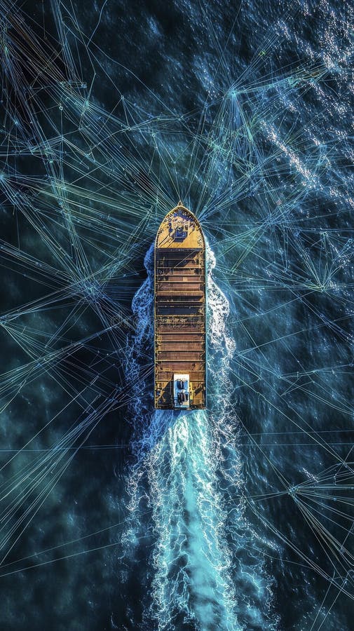 Ship Crossing Ocean with Digital Lines in Water Stock Illustration ...
