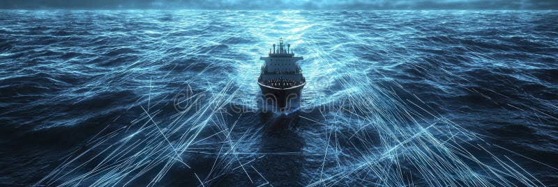 Ship Cruising through Illuminated Digital Seascape Stock Illustration ...