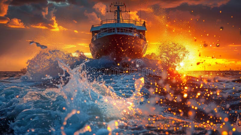 Ship Creating Water Splash at Sunset Stock Photo - Image of reflection ...