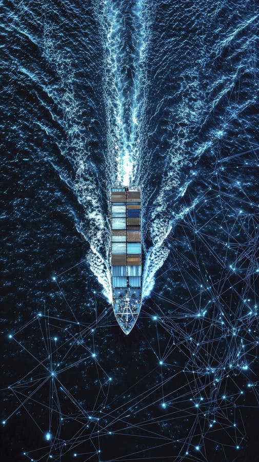Ship Cutting through Ocean with Glowing Patterns Overlay Stock ...