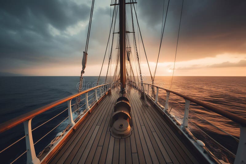 Ship Deck View at Sunset with Dark Clouds and Ropes Stock Photo - Image ...