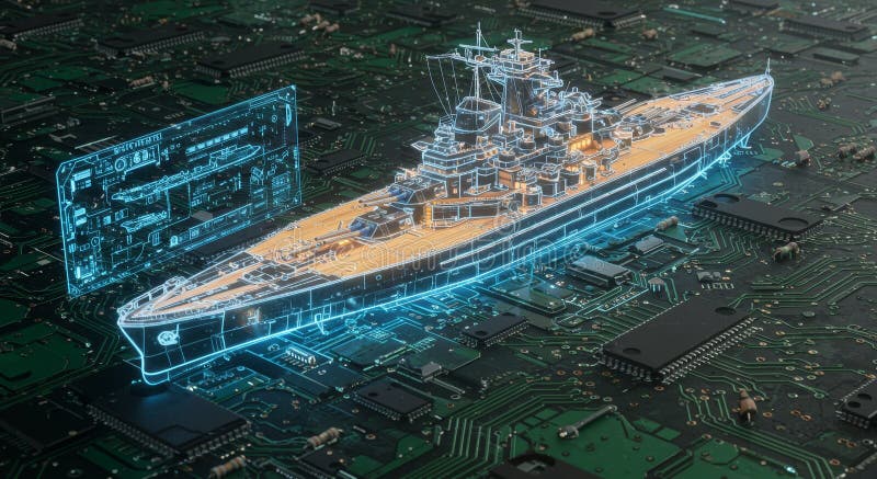 Ship Design on Circuit Board a Futuristic Model of a Battleship is ...