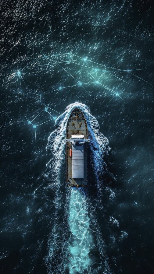 Ship with Digital Connections Crossing Vast Blue Ocean Stock ...