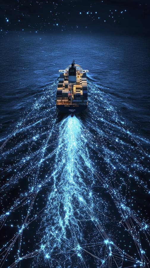 Ship on Digital Ocean with Network of Connections Stock Illustration ...