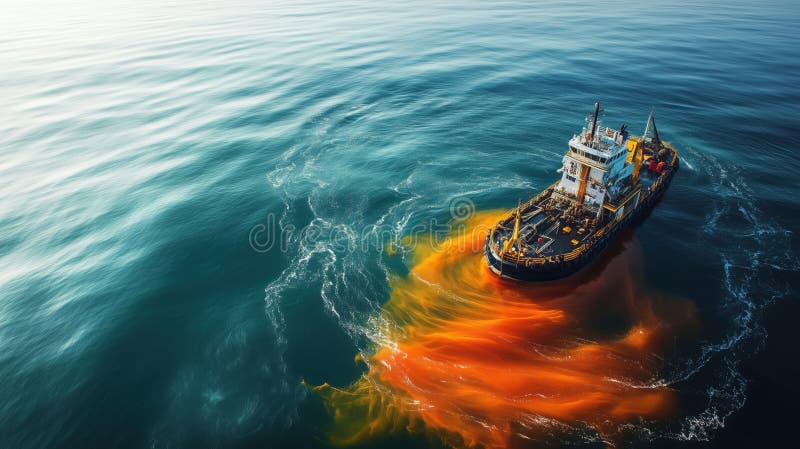 Ship Dispersing Vibrant Orange Liquid in Ocean Waters Stock Image ...
