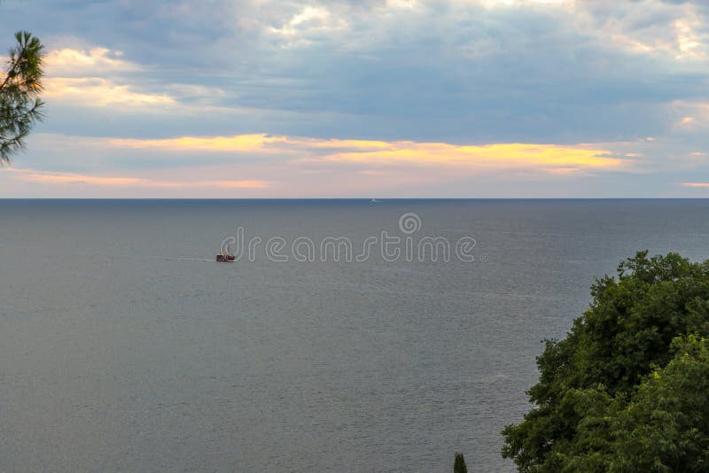 Ship in the Distance at Sunset Stock Image - Image of mediterranean ...