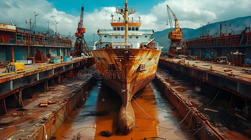 Ship in Dry Dock for Repair Against Mountain Backdrop. Concept Ship ...