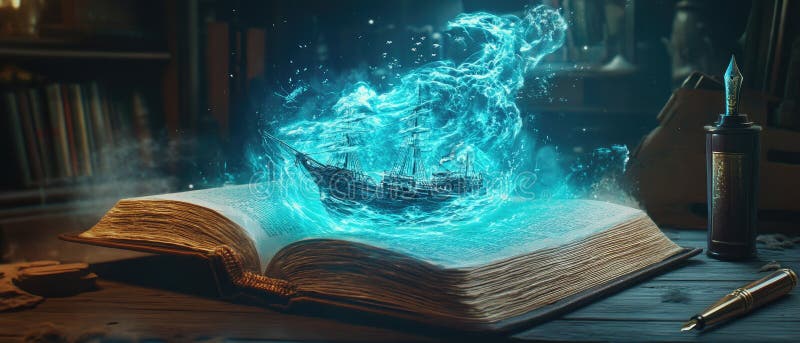 A Ship Emerges from an Open Book, Surrounded by Glowing Blue Light ...