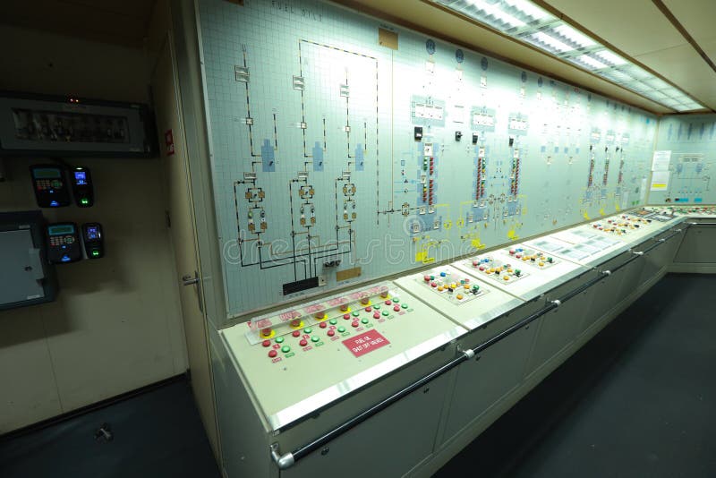 Ship Engine Room Dashboard with Plenty of Bottoms, Indicators, Small ...