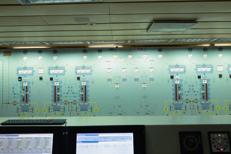 Ship Engine Room Dashboard with Plenty of Bottoms, Indicators, Small ...