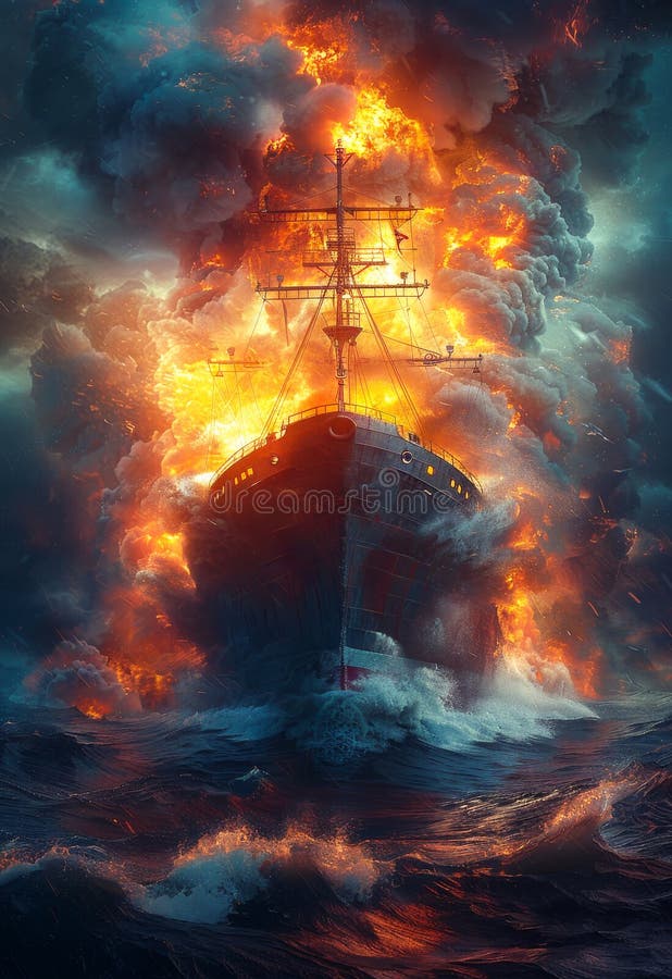 Ship is Engulfed in Flames. the Ship in Fire Stock Photo - Image of ...