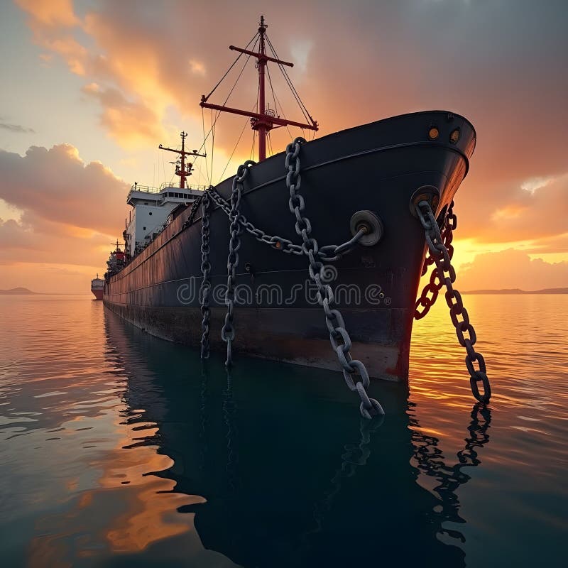 Ship Entangeled in Heavy Iron Chains in Still Water at Sunset Stock ...