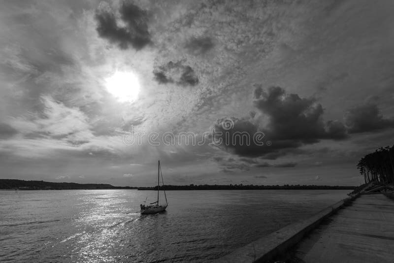 Ship on evening river stock photo. Image of clouds, night - 108325232