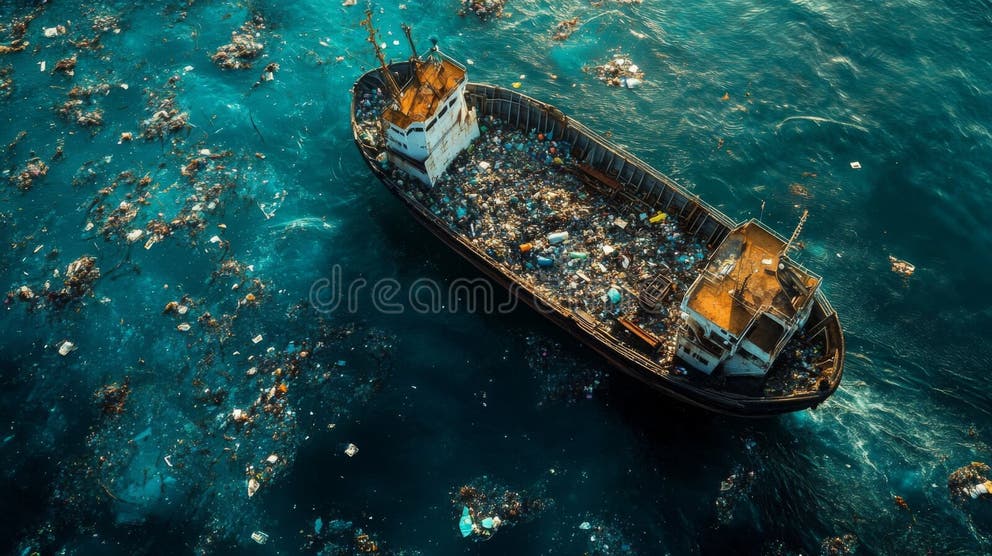 A Ship Filled with Plastic Waste in the Ocean Stock Illustration ...
