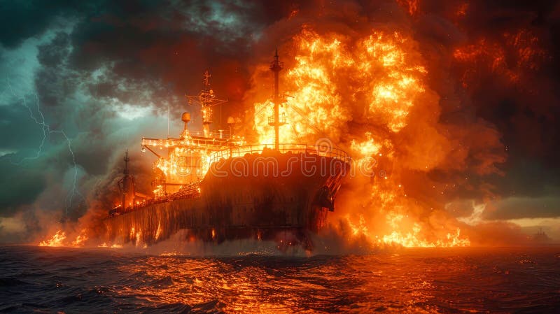 A Ship on Fire with Immense Flames and Smoke Rising, Set Against a ...