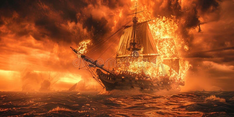 Ship on Fire at Sea stock image. Image of boat, burning - 383324715