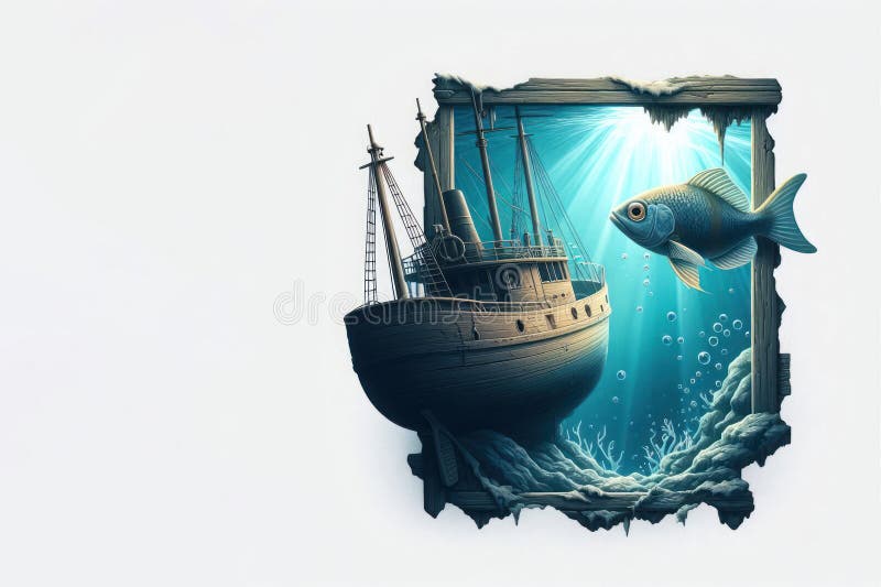 A Ship and a Fish Underwater in a Rift in the Wall. Space for Text ...