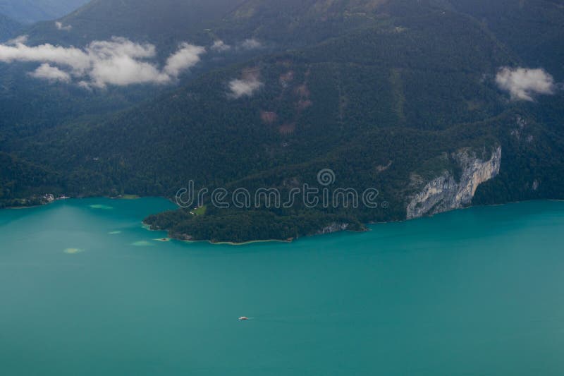 Ship Float on Wolfgangsee Lake. Drone View, Austria Alps Mountain ...