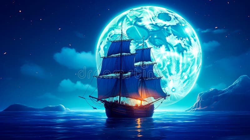 Ship Floating in the Ocean with Full Moon in the Sky Behind it Stock ...