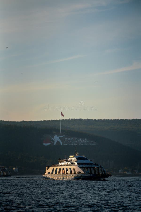 Ship Floating in the Sea in Front of the Stop Passenger Sign in ...