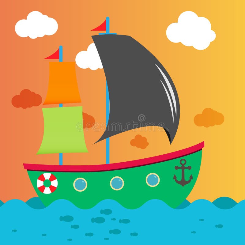 The Ship is Floating on the Sea Stock Vector - Illustration of flat ...