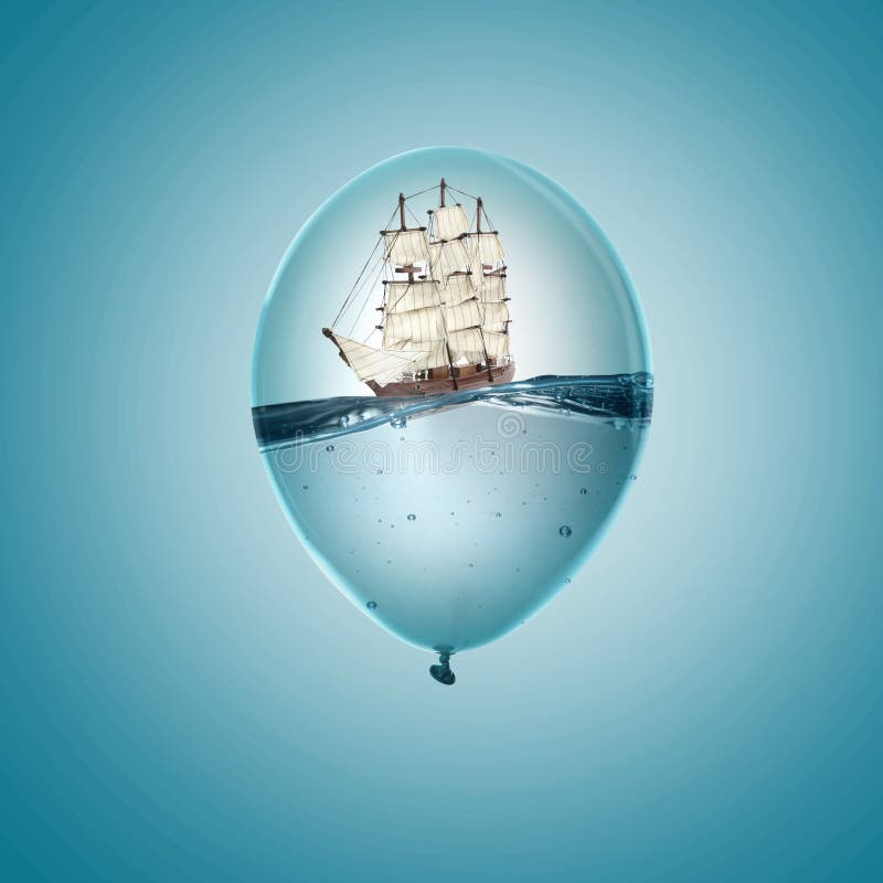 Ship Floating on Water Inside Balloon Against Light Blue Background ...