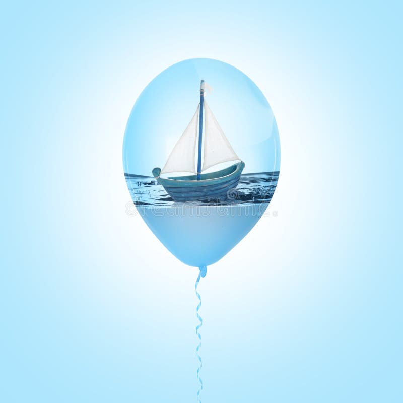 Ship Floating on Water Inside Balloon Against Light Blue Background ...