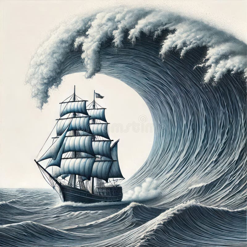 A Ship in Front of a Huge Wave. Stock Photo - Image of struggle ...