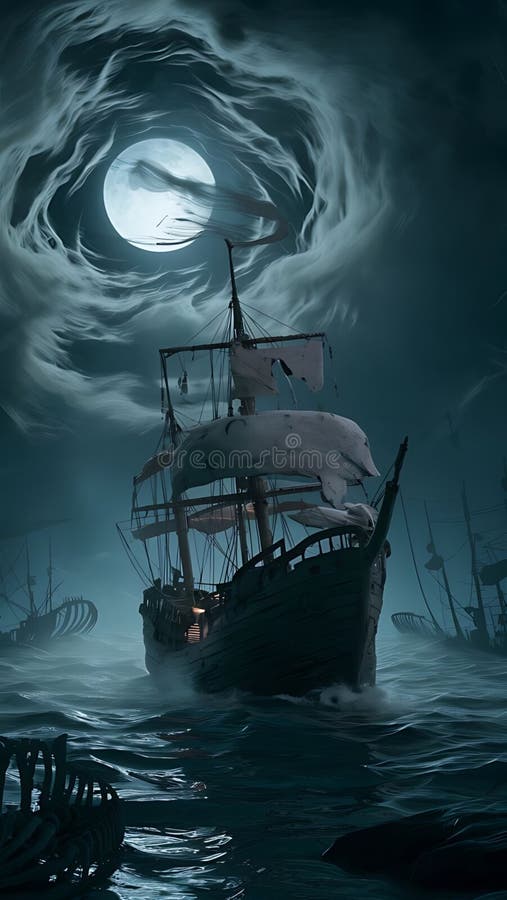 A Ship with a Full Moon in the Background Stock Illustration ...