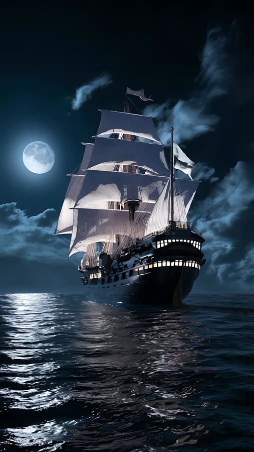 A Ship with a Full Moon in the Background Stock Illustration ...