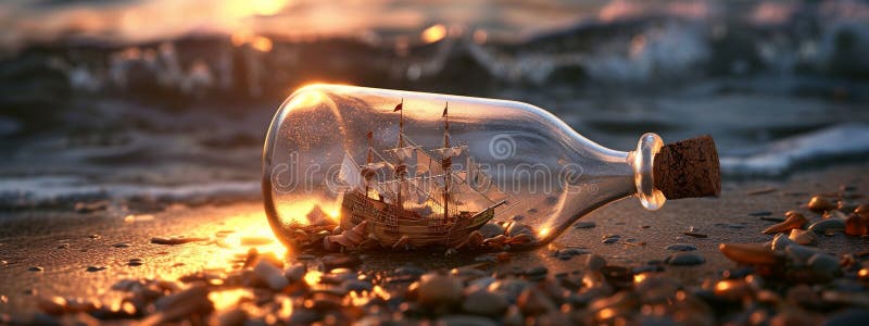 Ship in a Glass Bottle on the Beach Stock Photo - Image of generated ...
