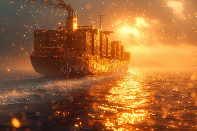 Gold Containers with Cargo on a Container Ship in the Ocean Stock Photo ...