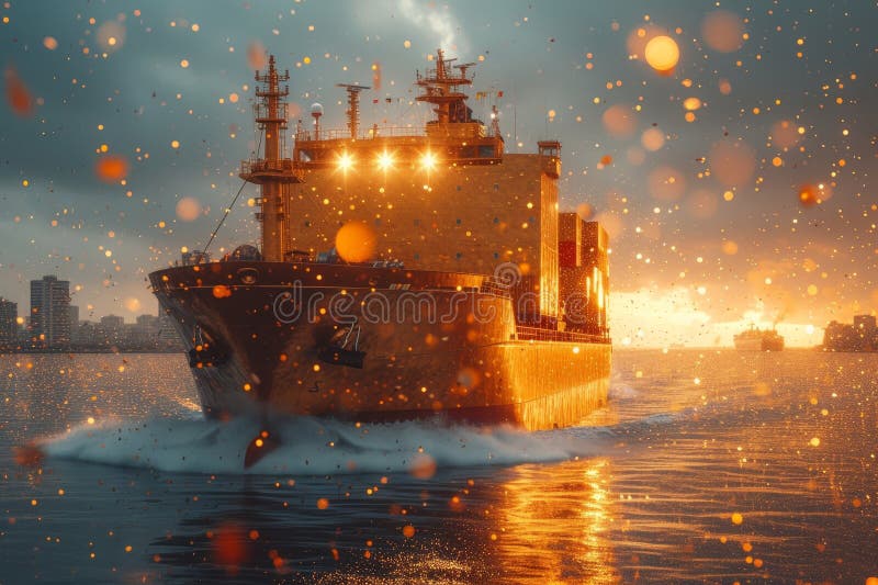 A Ship with Gold Containers Carries Cargo by Sea. Container Ship Stock ...