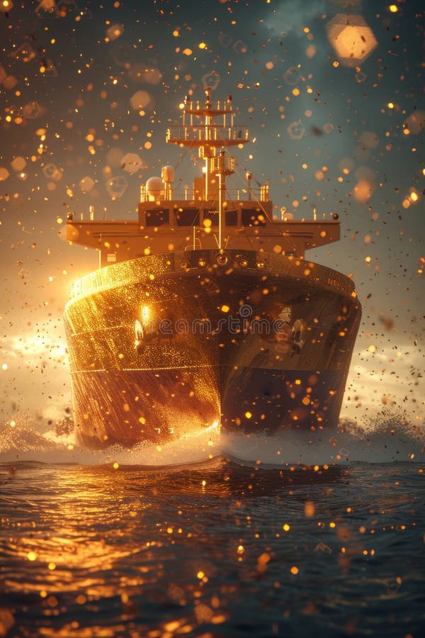 A Ship with Gold Containers Carries Cargo by Sea. Container Ship Stock ...