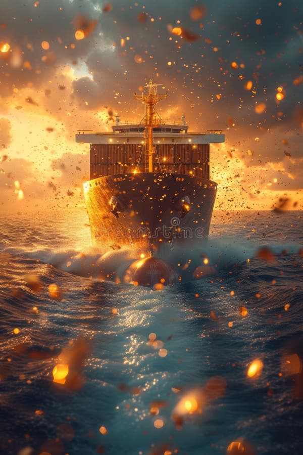 Gold Containers with Cargo on a Container Ship in the Ocean Stock Photo ...