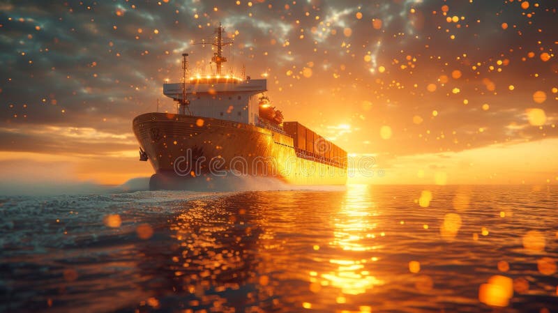 A Ship with Gold Containers Carries Cargo by Sea. Container Ship Stock ...