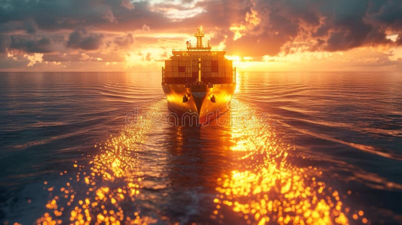 A Ship with Gold Containers Carries Cargo by Sea. Container Ship Stock ...