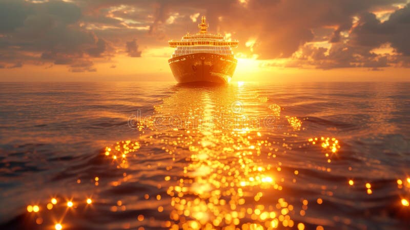 A Ship with Gold Containers Carries Cargo by Sea. Container Ship Stock ...