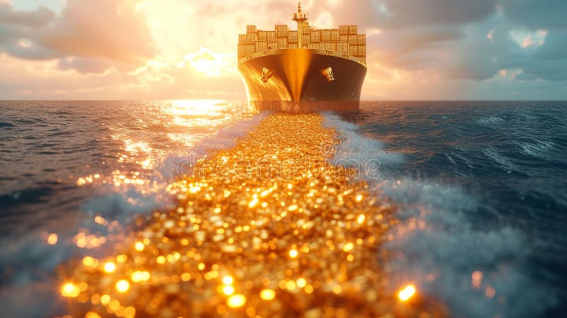 A Ship with Gold Containers Carries Cargo by Sea. Container Ship Stock ...