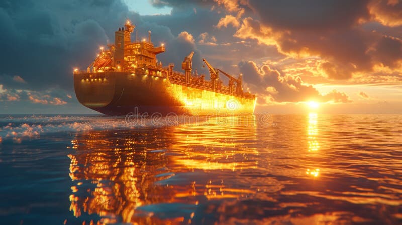 A Ship with Gold Containers Carries Cargo by Sea. Container Ship Stock ...