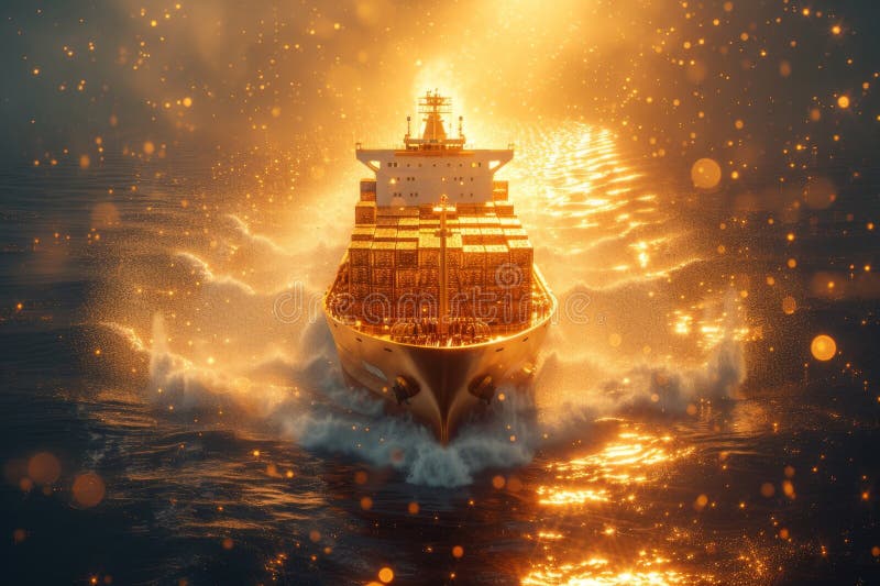 Gold Containers with Cargo on a Container Ship in the Ocean Stock Photo ...