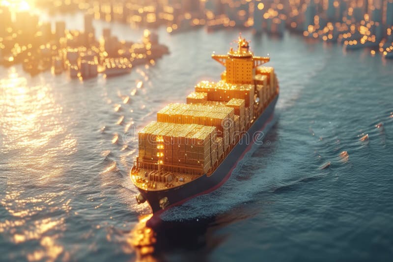 A Ship with Gold Containers Carries Cargo by Sea. Container Ship Stock ...
