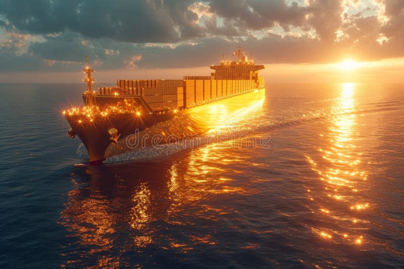 A Ship with Gold Containers Carries Cargo by Sea. Container Ship Stock ...