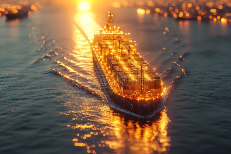 A Ship with Gold Containers Carries Cargo by Sea. Container Ship Stock ...