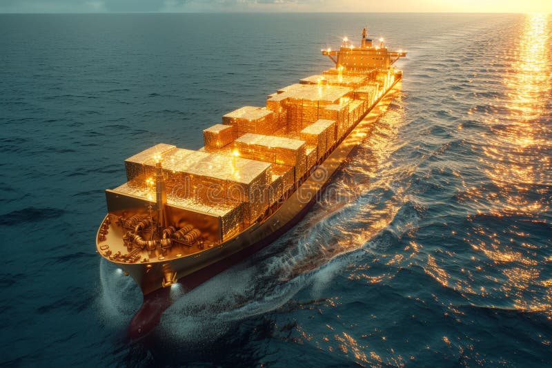 A Ship with Gold Containers Carries Cargo by Sea. Container Ship Stock ...