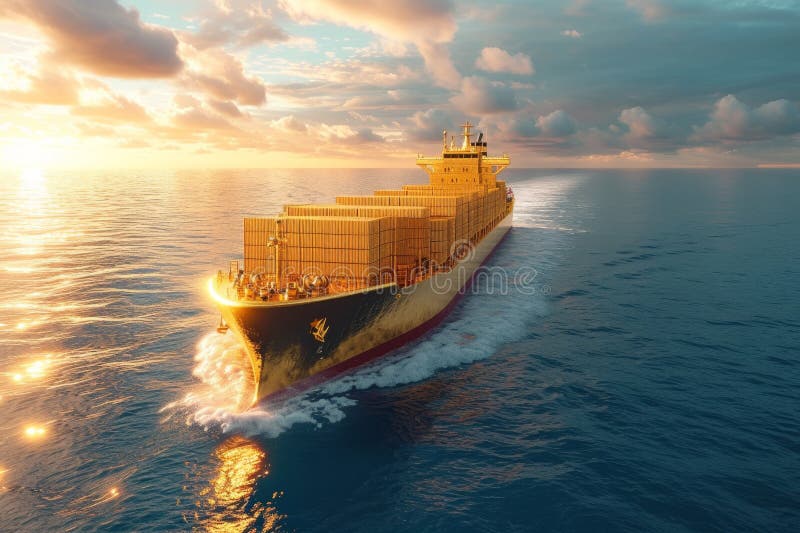 A Ship with Gold Containers Carries Cargo by Sea. Container Ship Stock ...