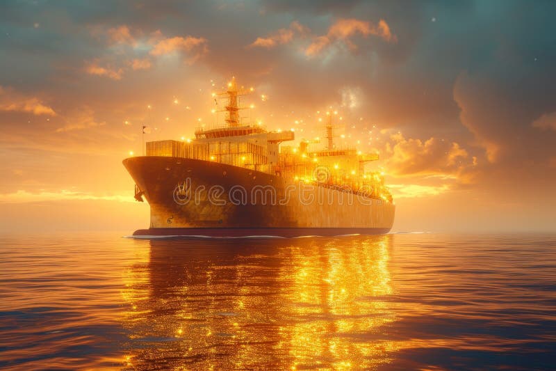 A Ship with Gold Containers Carries Cargo by Sea. Container Ship Stock ...